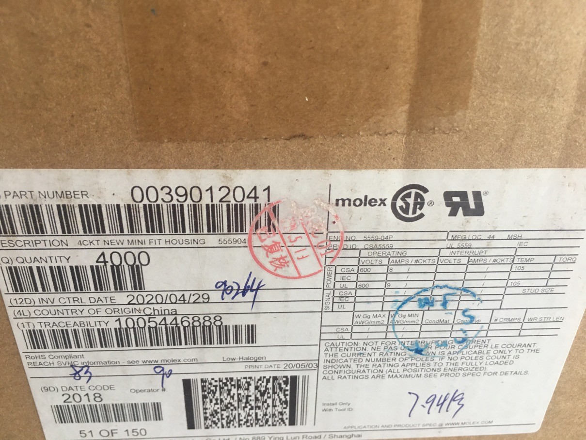 Crimp Termination TE Relay Molex 0039012041 Header Wire Shell 4 CKT ...